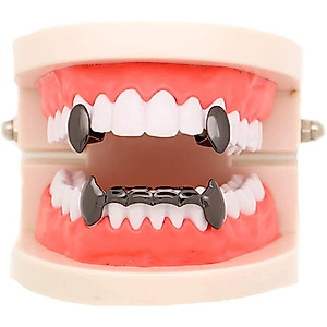 18K Gold Vampire Dracula Teeth Grillz 2pc Single Fangs and 6 Bottom Grillz Set