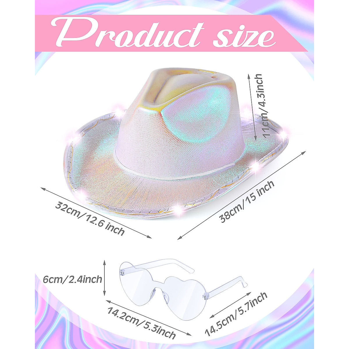Jecery 12 Pcs Light Holographic Space Cowgirl Hat and Heart Shape Sunglasses LED Rave Cowboy Hat Rimless Heart Sunglasses for Teens Adult Party, White