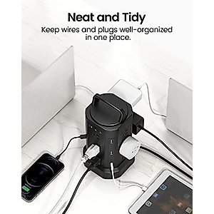 Power Strip Surge Protector Tower 2100J, SUPERDANNY Extension Cord with Multiple Outlets, 12 AC 6 USB Charging Station, Handle Cord Retracting, 6.5ft Overload Protection for Garage, Workbench, Black