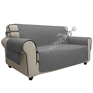 Easy-Going Waterproof Oversized Loveseat Covers Leakproof Couch Cover for 2 Cushion Couch Sofa Cover Washable Sofa Slipcover Non-Slip Furniture Protector with Pocket for Pets (Medium-XL, Grey)