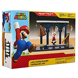 Nintendo Super Mario Lava Castle Deluxe Play Set, Includes: 2.5” Fire Mario Figure & Mechanical Features, Spinning Fireballs Tower, Swinging Pendulum, Bone Lift & Bridge