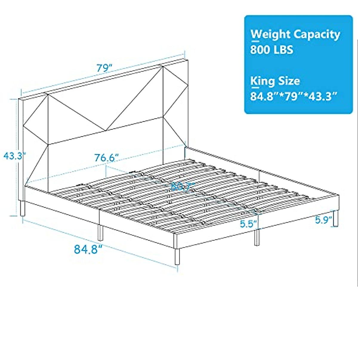 Flolinda King Size Bed Frame, Upholstered Bed Frame with Tall Tufted Velvet Headboard, Heavy Duty Metal Mattress Foundation with Wooden Slats, King Bed Frame No Box Spring Needed, Easy Assembly