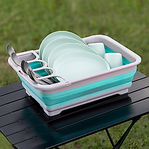 Navaris Collapsible Dish Drying Rack - Drainer for RV, Camper, Camping, Travel Trailer, Small Spaces - Portable Dishes Dryer with Drain - Gray/Blue