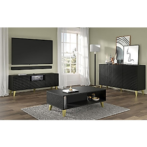Homlando Ravenna C TV Stand 79" – Center with Storage for Living Room – Gaming Center for TVs Up to 85” – LED TV Unit - TV Entertainment – Lowboard TV Cabinet – Black Matte with Black Gloss Fronts