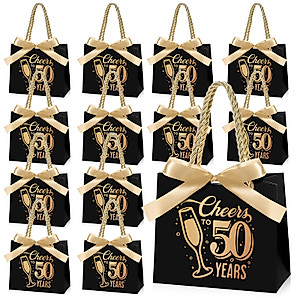 Clysee 25 Pcs Birthday Gift Bags with Handles Black and Gold Party Favor Bags Bulk for Birthday Wedding Anniversary Supplies Decorations, 5.51 x 2.36 x 4.72 Inches(Cheers to 50)