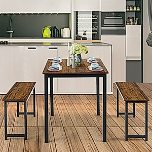 YEBDD 3 Piece Dining Table Bench Set with Wooden Top and Metal Frame Furniture Set