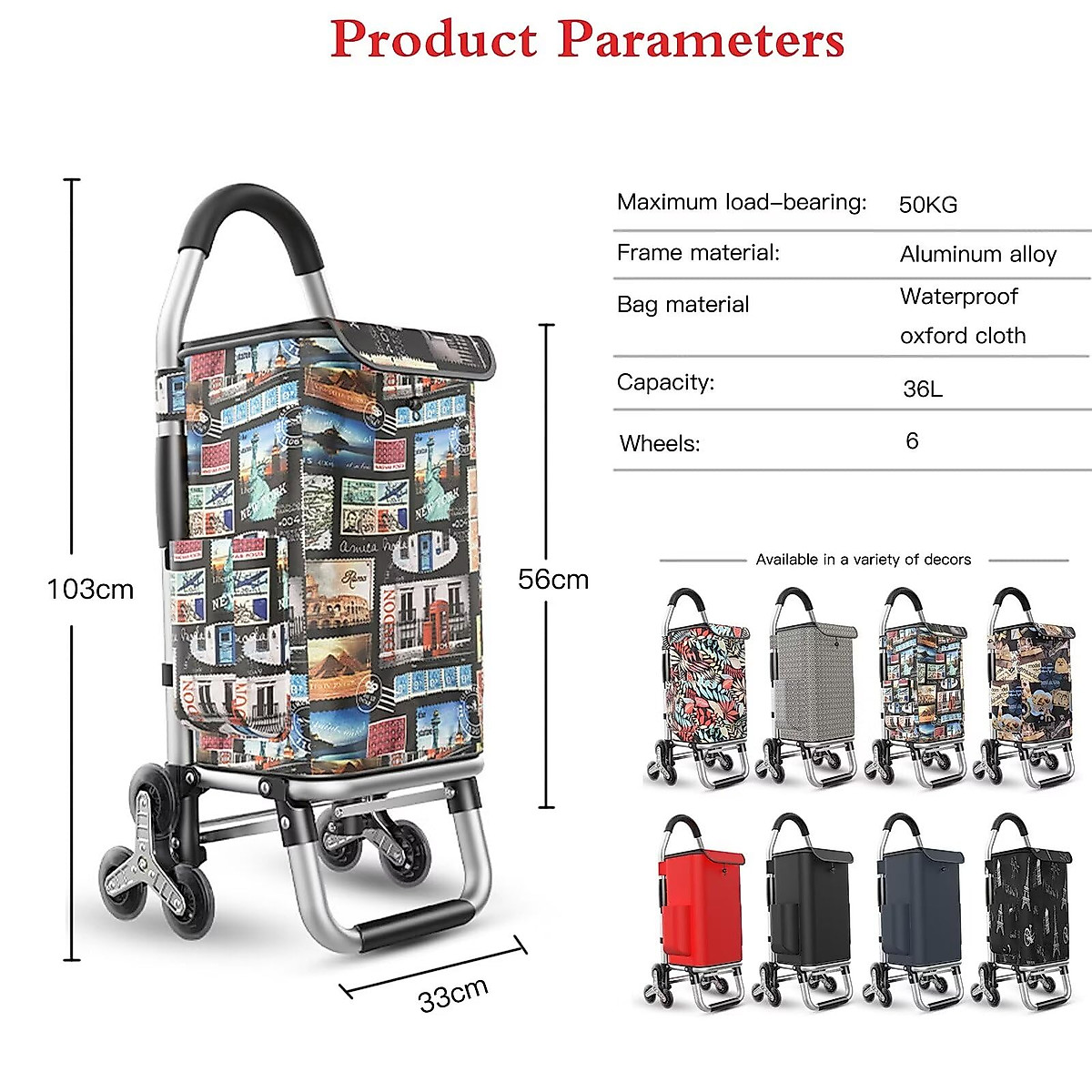 PIPRE Portable Shopping cart Bigger carts with 3 Wheels Foldable,Stamp Motif Shopping Grocery Foldable Cart