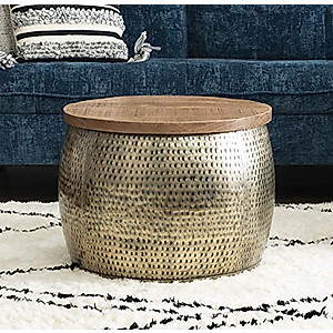 Powell Hammered Gold Drum with Natural Wood Lift Top for Storage Janice Table