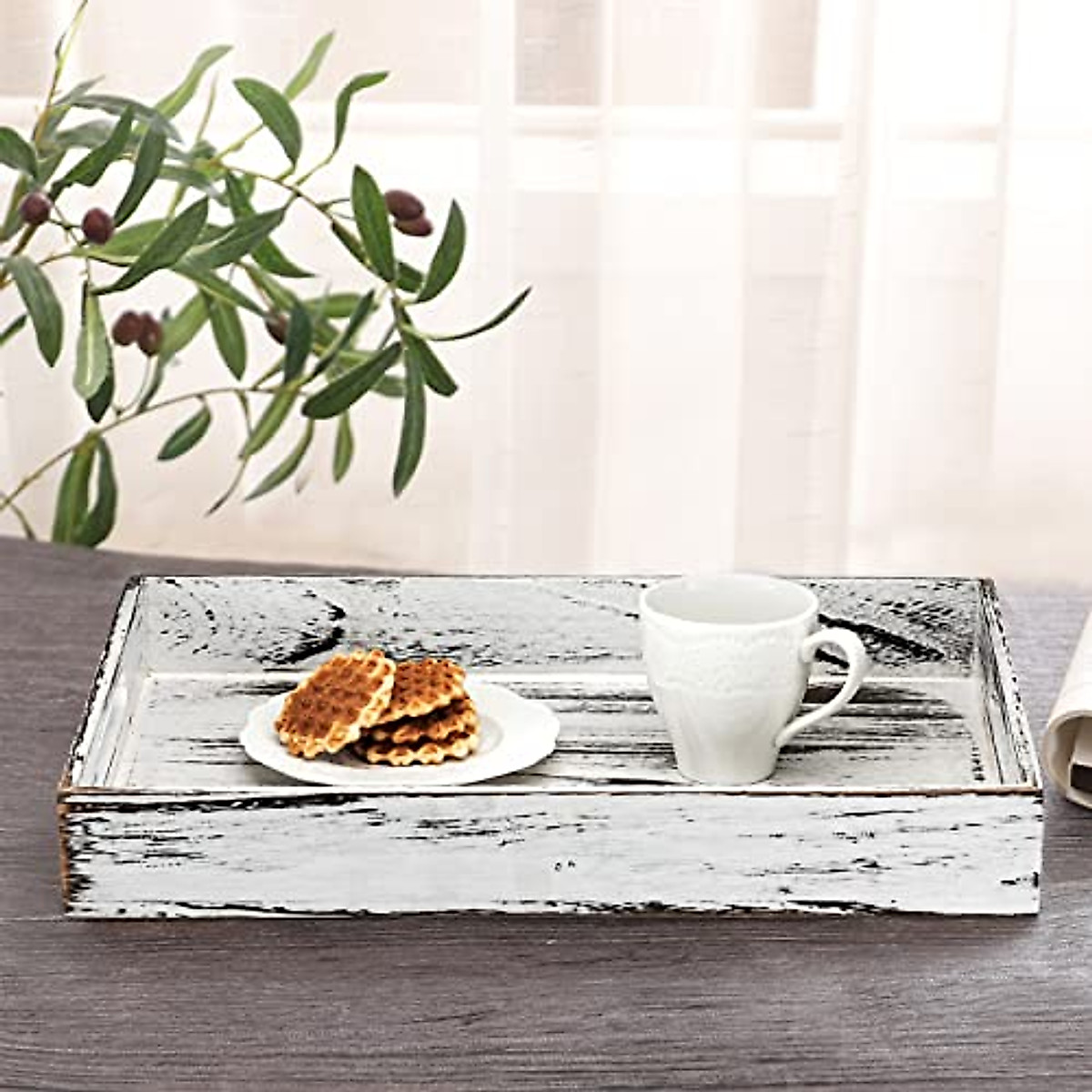 16 x 11 Inches Solid Wood Serving Tray with Handles,Classic Tea Coffee Table Tray Breakfast Tray Wooden Decorative Ottoman Tray Serve for Snack Food Meals Kitchen Party Bar White Rectangle