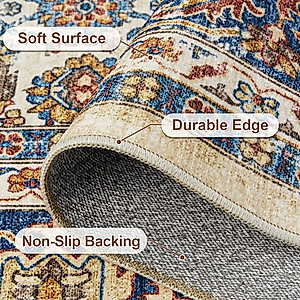 Area Rugs for Living Room Bedroom: 8x10 Rug Machine Washable with Non-Slip Backing Non-Shedding Stain Resistant, Boho Floral Large Carpet for Dining Room Nursery Home Office Indoor Decor (Blue/Brown)