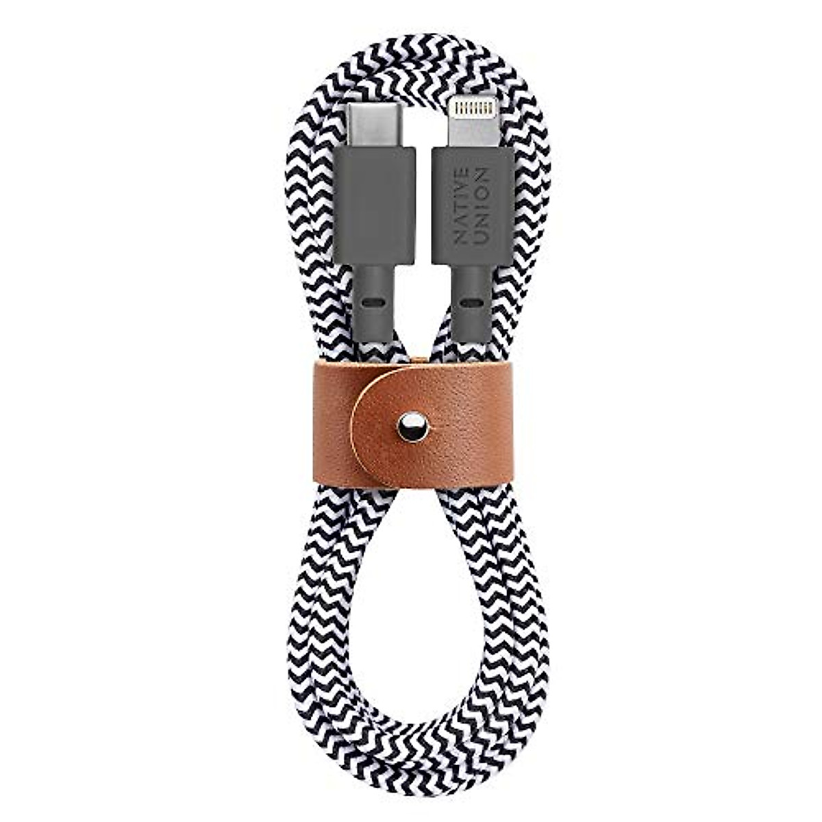 Native Union Belt Cable USB-C to Lightning - 4ft Ultra-Strong Reinforced Charging Cable with Leather Strap [MFi Certified] Compatible with iPhone 14, iPhone 13 and Earlier (Zebra)