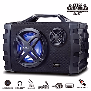 NEM Mobi7e Portable Wireless Bluetooth High Performance Stereo Speaker Extra Bass, USB Recording, Rechargeable Battery, AUX and TF Card Input, FM Radio, MP3, Mic and Guitar Input, LED Lights (Black)