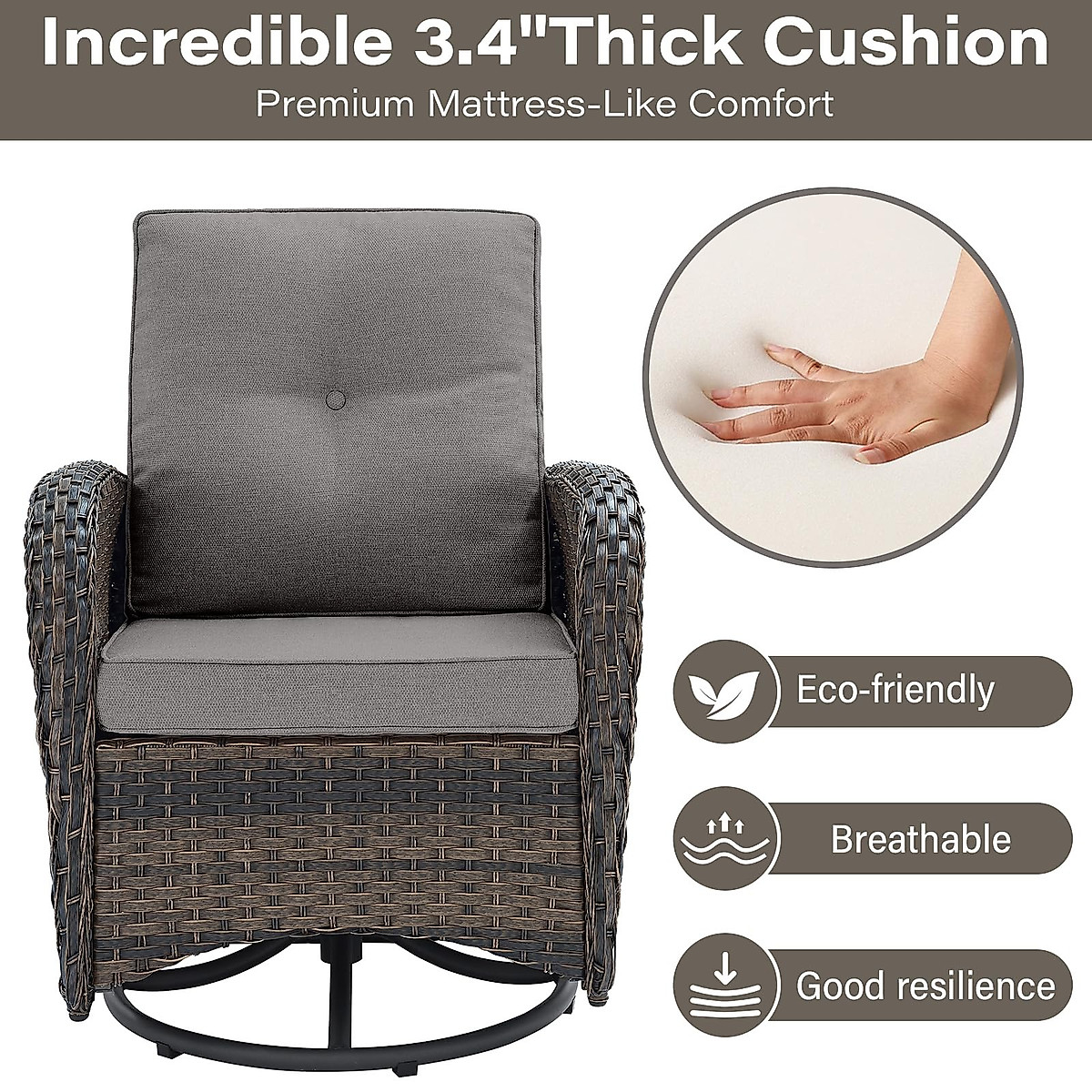 Belord Patio Wicker Chairs Swivel Rocker - Outdoor Swivel Rocking Chairs Set of 2 with Rattan Side Table, Patio Swivel Glider Chair 3 Piece Patio Furniture Sets for Patio Porch Pool Brown/Grey