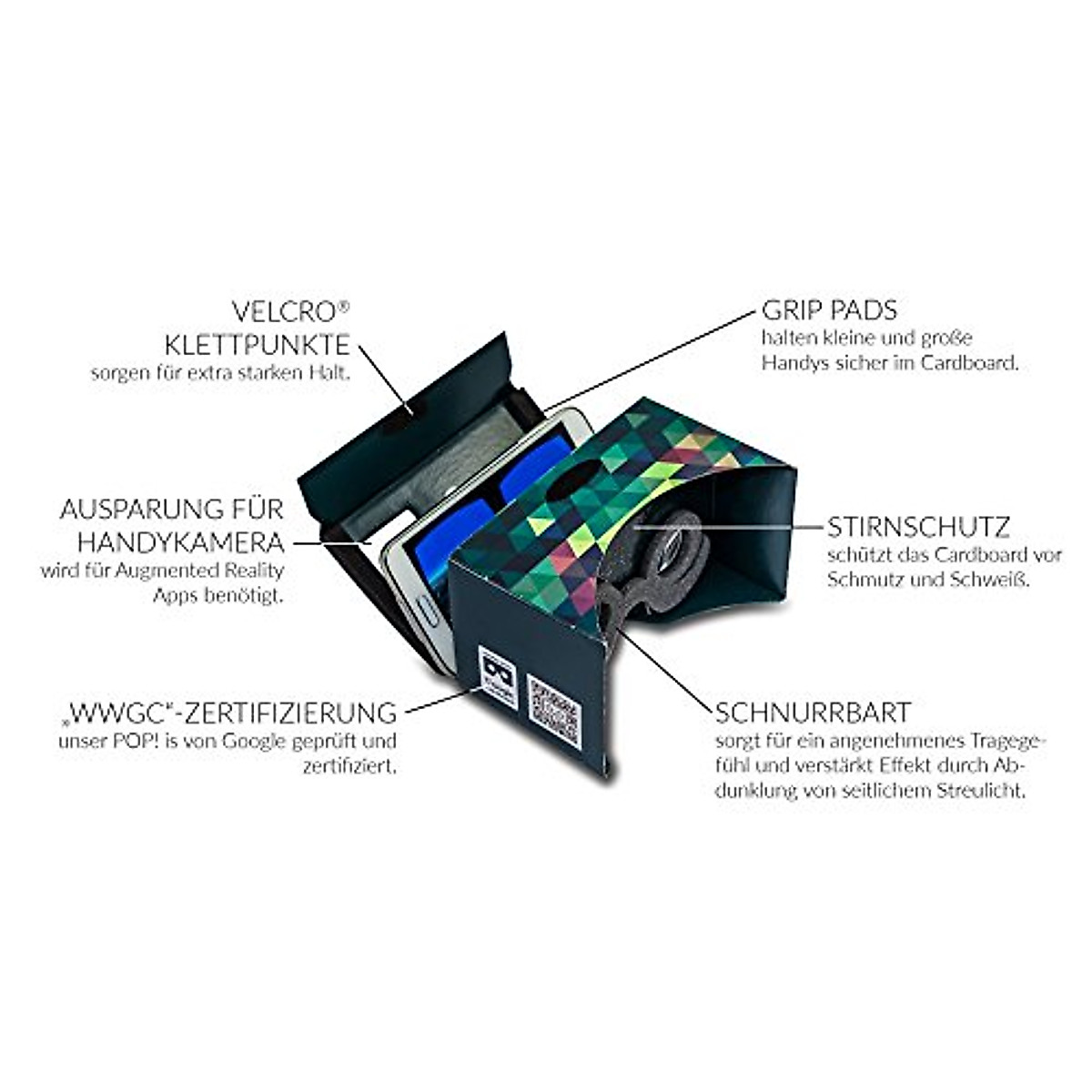 Google Cardboard POP! Cardboard + Free Head Strap and Cushion. for Android and iPhone up to 6 inches. Including Lenses. 3D Glasses VR Glasses Virtual Reality Viewer VR Goggles.