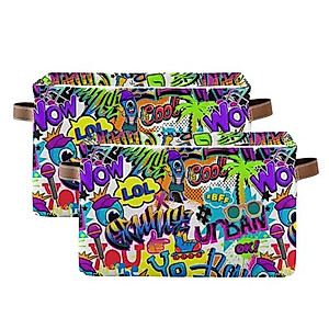 Comics Palm Tree Microphone Storage Basket Bins Foldable Decorative Storage Box Laundry Hamper Baskte Storage for Living Room Clothes Nursery Closet Shelf Playroom,2 pcs