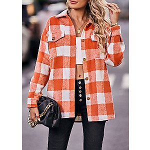 PRETTYGARDEN Women's 2024 Fall Clothes Plaid Shacket Jacket Long Sleeve Button Down Flannel Shirts Fashion Blouse (Plaid Orange White,Large)