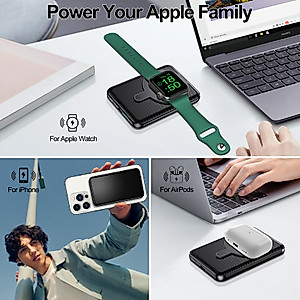 kurdene Wireless Portable Charger, 3 in 1 Magnetic Power Bank Compatible with iWatch Charger,5000mAh Mag-Safe Batteries Pack,Compatible with iPhone 15/14/13/12 Series, Apple Watch, Airpods-Black