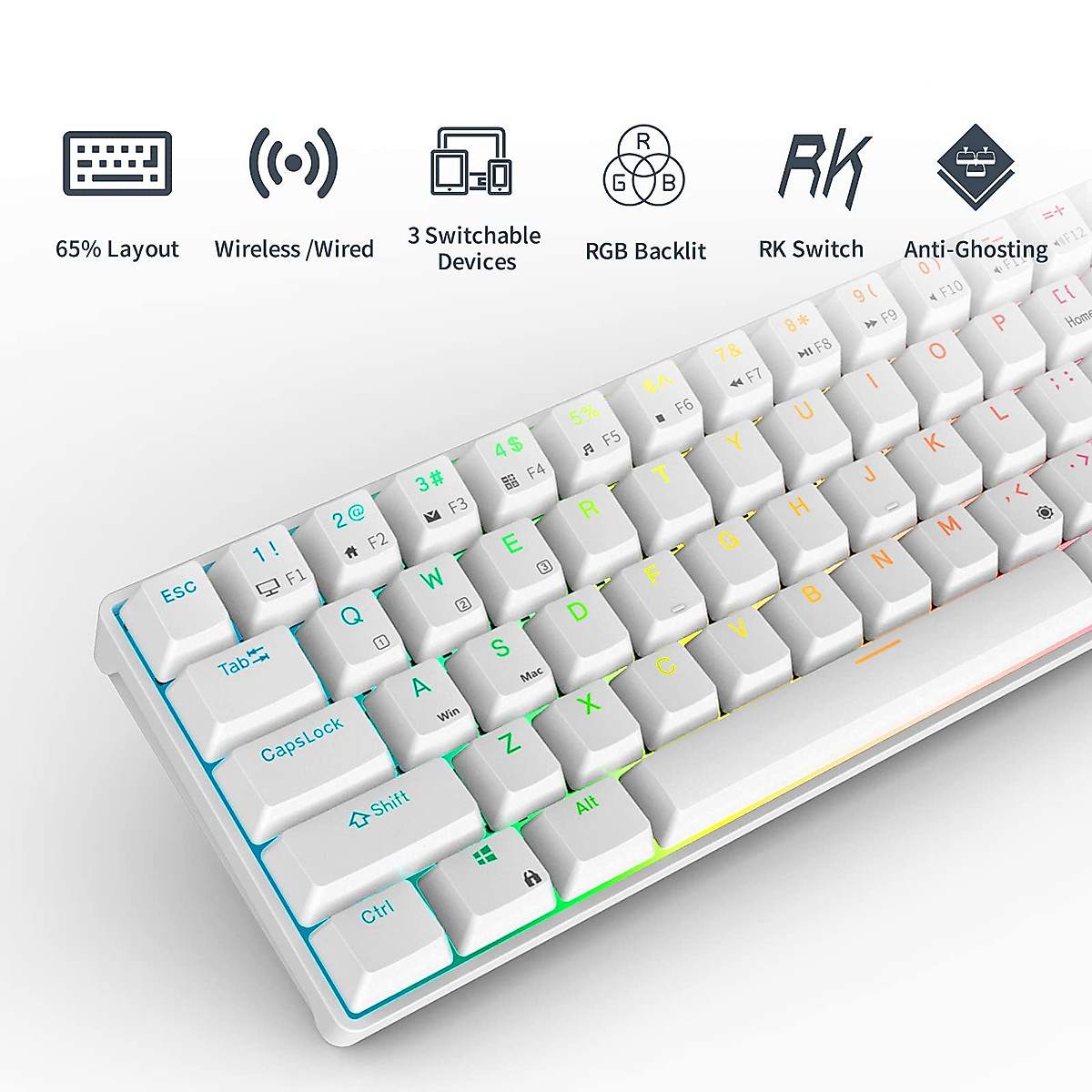 RK ROYAL KLUDGE RK68 (RK855) Bluetooth Wireless/Wired 65% Mechanical Keyboard, 68 Keys RGB Hot Swappable Blue Switch Gaming Keyboard with Software for Win/Mac