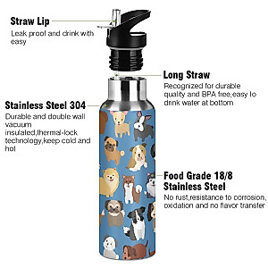 Puppy Dog Blue Water Bottle with Straw Lid Thermos Kids Insulated Stainless Steel Water Flask Sports, 20 Oz Hot Cold