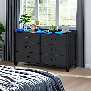 EPHEX Dresser for Bedroom, 6 Drawer Double Dresser with LED Lights, Wood Chest of Drawers, Modern Storage Dresser for Bedroom, Black