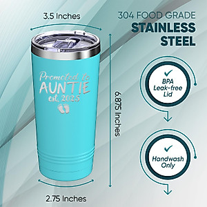 shop4ever Promoted to Auntie Est. 2025 Tumbler Insulated Tumbler 20 oz. with Lid, Stainless Steel Cups Travel Coffee Mug New Aunt Baby Announcement Gift (Teal)