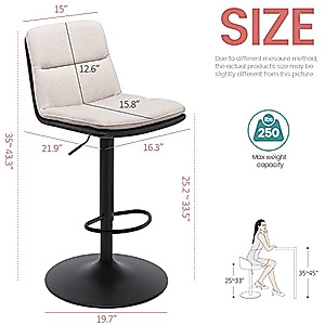 Brage Living Fabric Adjustable Bar Stool, Swivel Counter Height Barstool with Back, Armless Kitchen Bar Chair for Dining Cafe with Large Black Base (Greige)