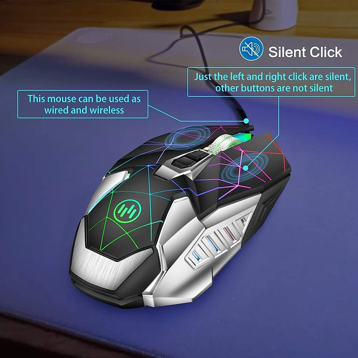 VEGCOO Wireless Gaming Mouse, Silent Click Wireless Rechargeable Mouse with Colorful LED Lights and 3 Level DPI Ergonomic Optical Gamer Mice for Laptop and Computer (C20 Black)