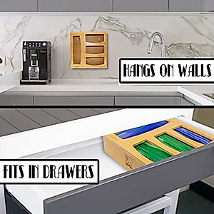 Mr Spacer Food Bag Storage Organizer for Kitchen, Bamboo Kitchen Bag Organizer, Compatible with Gallon, Quart, Sandwich and Snack Size Bag (1 Box 4 Slots)