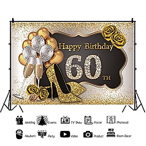 DORCEV 7x5ft Photography Backdrop for Woman Happy 60th Birthday Party Decor Luxury Gold Black Backdrop Banner Glitters Heels Roses Balloons Photo Background Mother Grandma Birthday Party Props