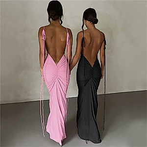 ABYOVRT Women Sexy Backless Dress Bodycon Sleeveless Open Back Maxi Dress Going Out Elegant Party Cocktail Long Dress (A-Black, M)