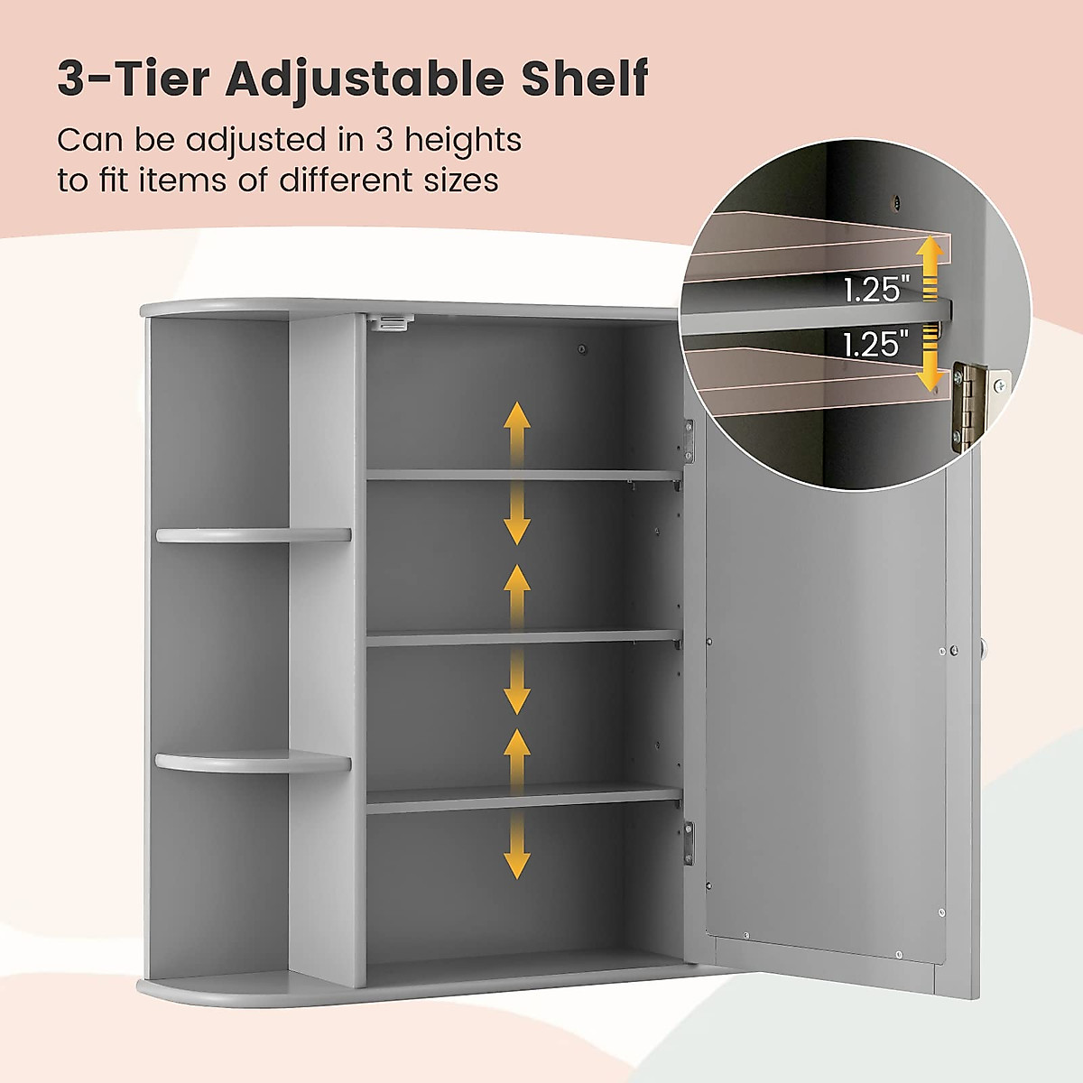 LOKO Bathroom Medicine Cabinet with Mirror, Wall Mounted Storage Cabinet with Mirrored Door, Open Shelves & Adjustable Shelves, Bathroom Wall Mirror Cabinet, 26 x 6.5 x 25 Inches (Grey)