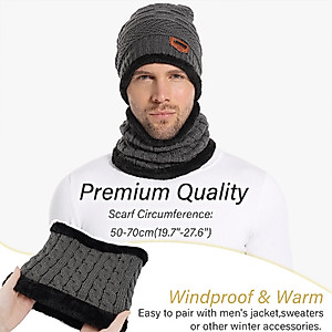 FZ FANTASTIC ZONE Mens Womens Winter Beanie Hat Scarf Set Warm Knit Thick Fleece Lined Skull Cap Neck Warmer for Men Women Dark Grey