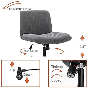 Armless Wide Office Chair No Wheels Fabric Padded Desk Chair Task Vanity Chair Swivel Home Office Desk Chair 120°Rocking Mid Back Ergonomic Computer Chair for Make Up,Small Space, Bed Room(Gray)