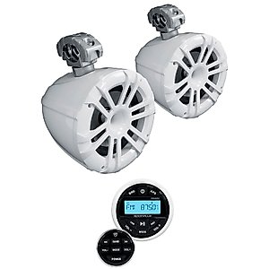 Pair Memphis Audio MXA82TW 8" Marine Wakeboard Tower Speakers/LED+Swivel White Bundle with Rockville RGHR2 Marine Gauge Hole Receiver (2 Items)