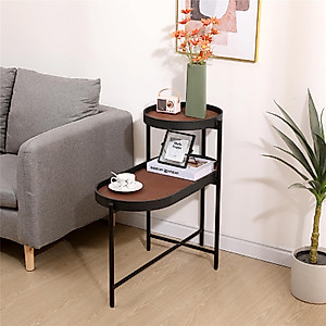 Modern 2-Tier Side Table Black Metal Frame with Wood & PU Tray End Tables Sofa Table for Living Room, Bedroom, Sofa Couch, Hall