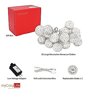 Moroccan String Lights Plug in 20 LED Globe Lights Silver Metal Balls for Wedding Party, Birthday, Christmas, Home Decor, Indoor Outdoor, 8 Functions, Timer, Unique Pattern, Connectable, 10 ft
