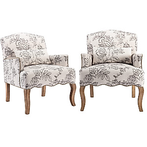 CIMOO Mid Century Modern Accent Chair Set of 2 Floral Reading Chair with Removable Pillow Wingback Arm Chair Upholstered Comfy Single Sofa for Living Room/Bedroom/Fireplace, Beige 2PCS