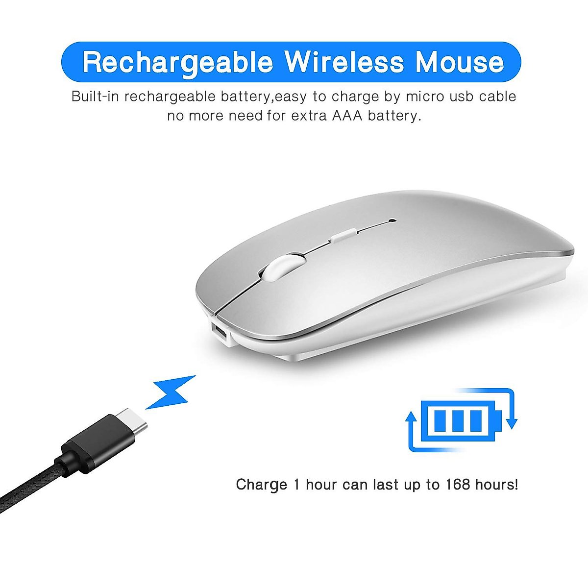 Bluetooth Wireless Mouse, Dual Mode Slim Rechargeable Wireless Mouse Silent Cordless Mouse with Bluetooth 4.0 and 2.4G Wireless, Compatible with Laptop, PC, Windows Mac Android OS Tablet (Silver)