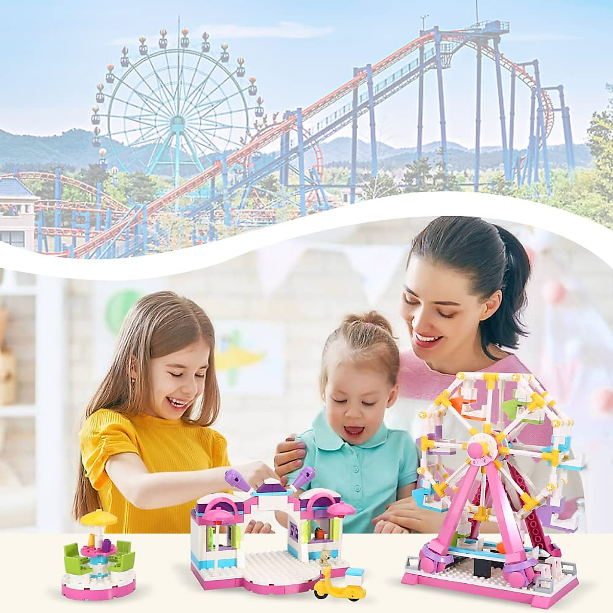 BRICK STORY Girls Friends Carnival Building Set Friends Amusement Park Building Blocks Toys with Ferris Wheel, Show Stage and 4 Mini Dolls Great Birthday Gift for Kids Age 6-12 and up, 610 Pieces