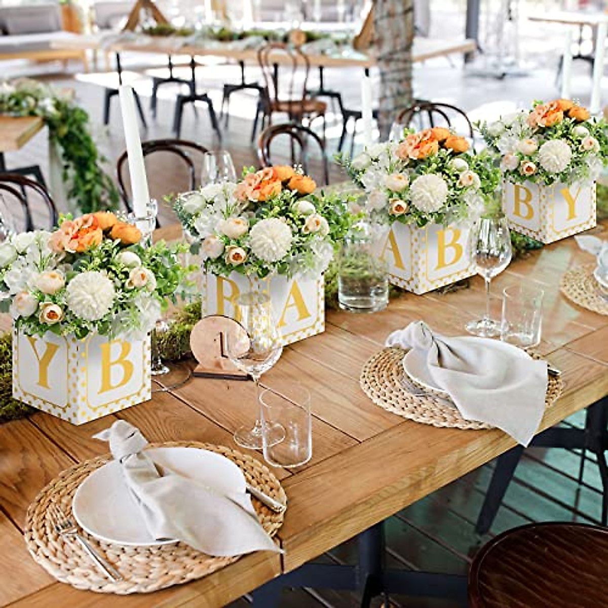 4 PCS Gold Flower Baby Shower Boxes Decor Table Floral Centerpieces Boxes for Gender Reveal Decoration Bronzing Flower Block Holder with Baby Letters Girls Boys Birthday Party Arrangement Favor