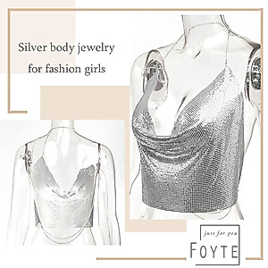 Fairyu Boho Sequins Body Chain Bra Bikini Shimmer Backless Halter Crop Top Beach Body Jewelry Accessory for Women (Silver)