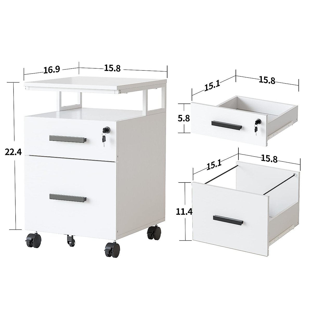FEZIBO 2-Drawer File Cabinet with Lock for Home Office, Rolling Filing Cabinet, Under Desk Home Office File Cabinet for A4, Letter Size, Printer Stand, Wooden Storage Mobile File Cabinet, White
