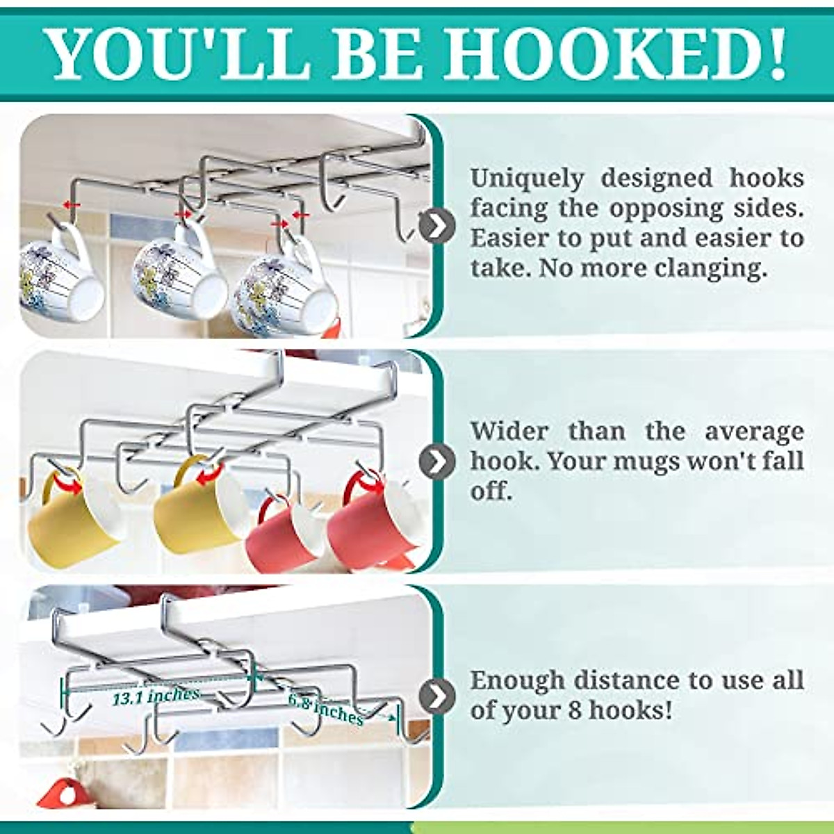 Mug Hooks Under Cabinet 8 Hooks Cabinet Max Thickness 0.78" Steel Wire Coffee Mug Hangers Utensil or Towel Hook Under Shelf Mug Holder with Stronger Grip Adhesive, Cup Rack Organizer for Kitchen, RV