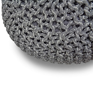 SIMPLIHOME Nikki Round Hand Knit Pouf, Footstool, Upholstered in Grey Cotton, for the Living Room, Bedroom and Kids Room, Boho