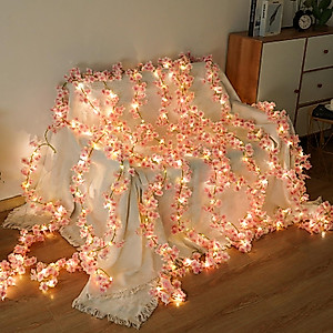 Cherry Blossom String Lights Artificial Flowers Outdoor Hanging Silk Flowers Garland for Wedding Party Home Bedroom Decor Pink Room Decor Aesthetic