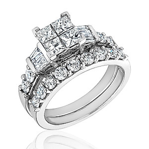 2ctw Princess Diamond Composite White Gold Engagement and Wedding Ring Bridal Set | Harmony Collection - Size 7