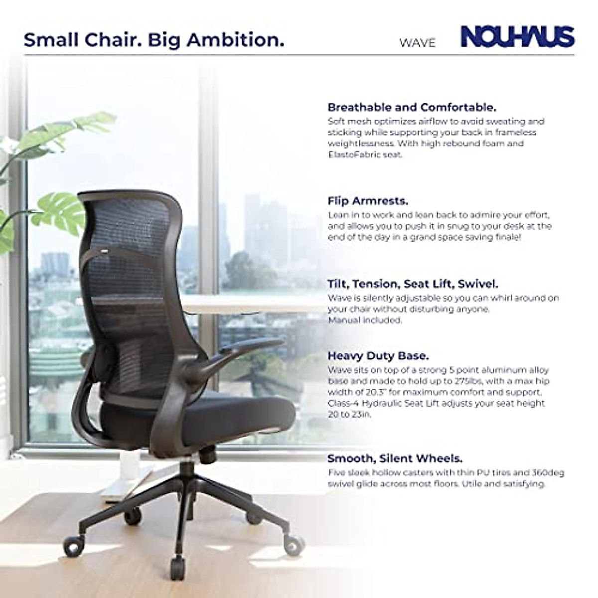 Nouhaus Wave Ergonomic Office Chair. Rolling Mesh Office Chair with Lumbar Support and Adjustable Arms. Comfortable Computer Chair, Home Office Desk Chairs, Task Chair or Gamer Chair (Black)
