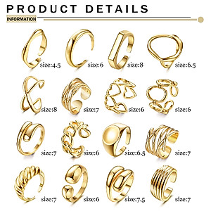 HAIAISO 16Pcs Gold Done Chunky Rings for Women 18K Gold Plated Adjustable Braided Twisted Round Signet Statement Rings Open Stackable Rings set Size 5-9