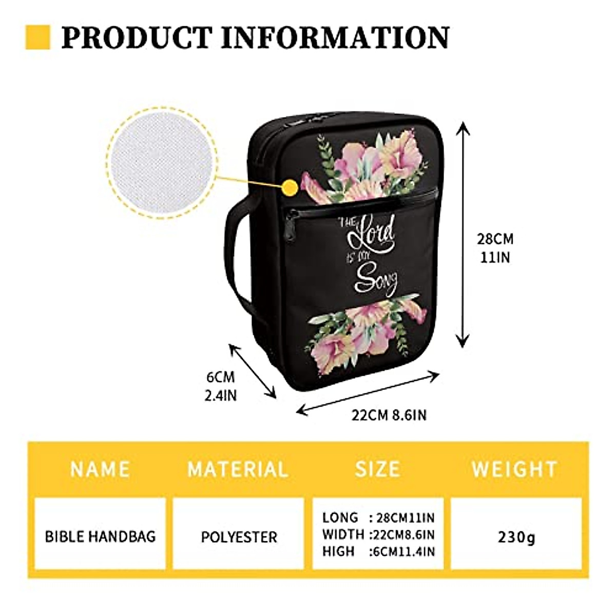 Suobstales Flower Black Pattern Bible Covers for Women Men Bible Case Bible Bag Bible Accessories with Handle and Zipper Pocket Bible Tote Bag