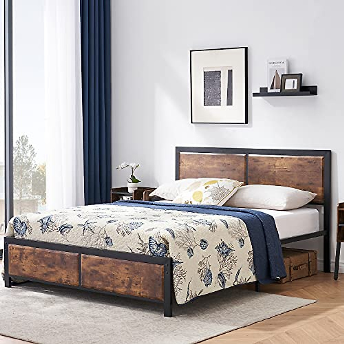 VECELO Full Platform Bed Frame with Rustic Vintage Wood Headboard, Mattress Foundation, Strong Metal Slats Support, No Box Spring Needed
